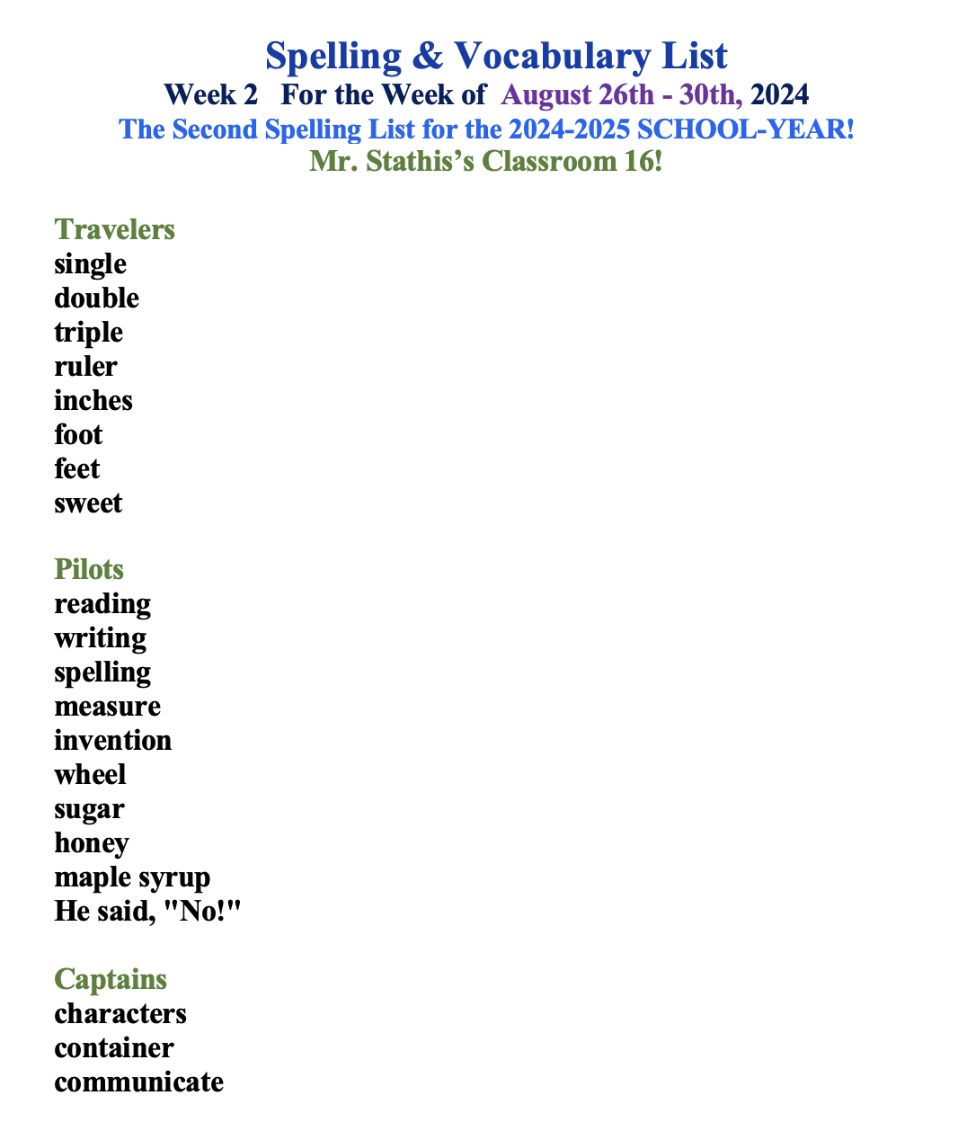 Previous Weeks' Vocabulary/Spelling Lists
