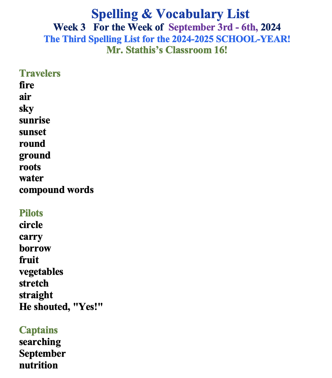 Previous Weeks' Vocabulary/Spelling Lists